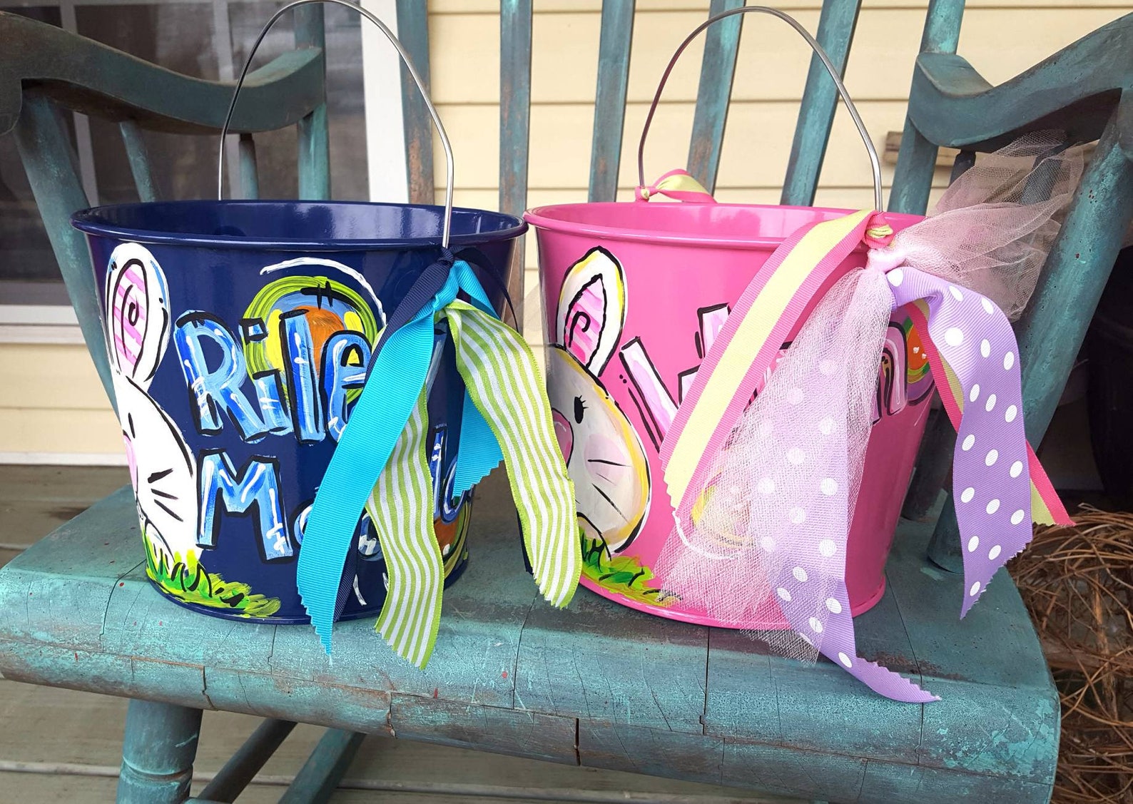 EASTER BASKET Large Round Pail Personalized Hand Painted - Etsy