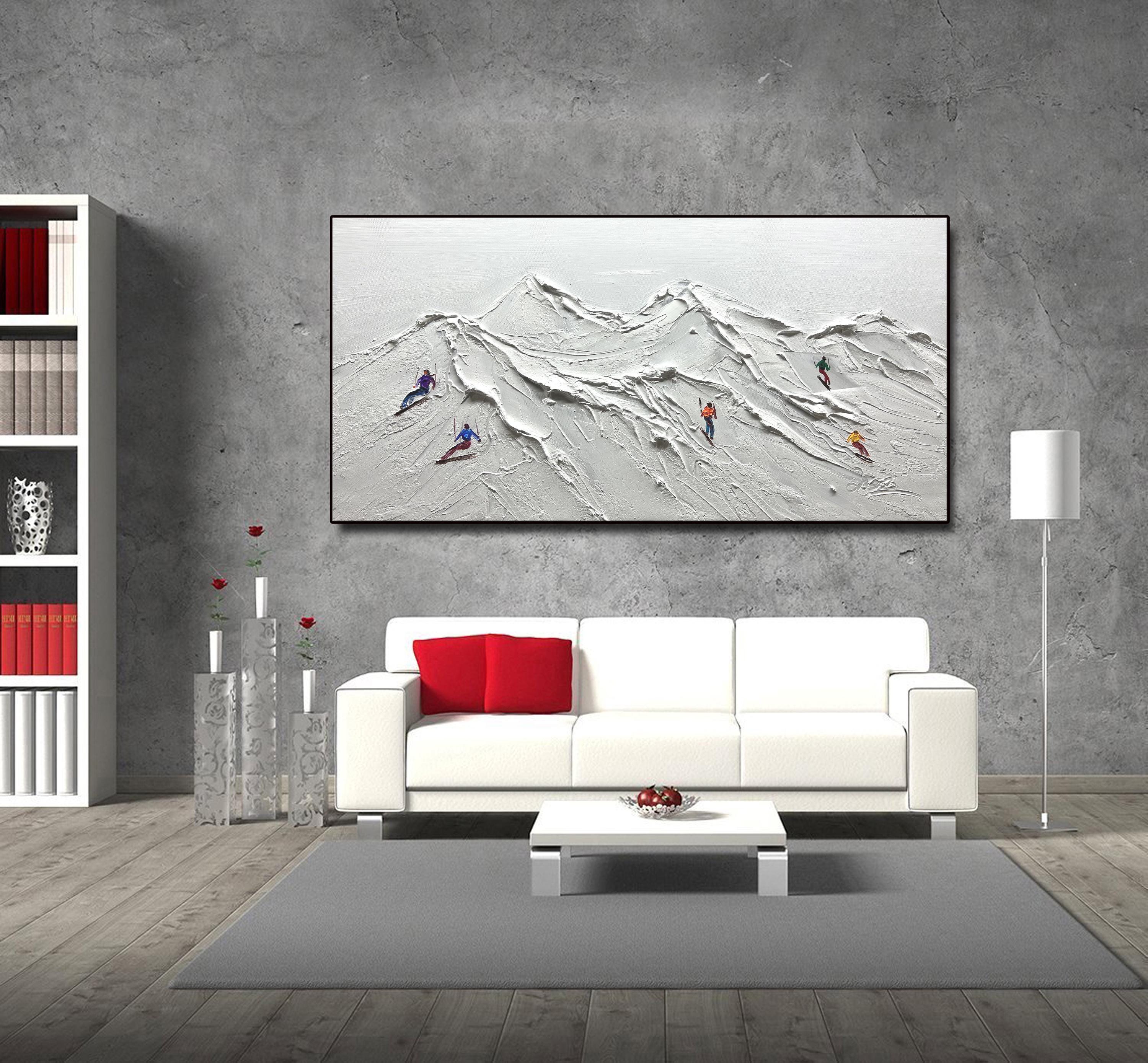 Original Skiing Painting 3D Plaster Texture Mountain Art Gift for ...