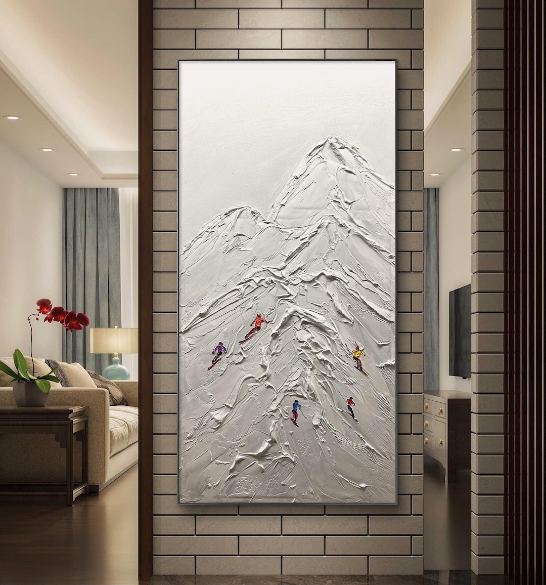 Texture Ski Art Modern Abstract Painting Vertical Skiiers Ski Pallette ...