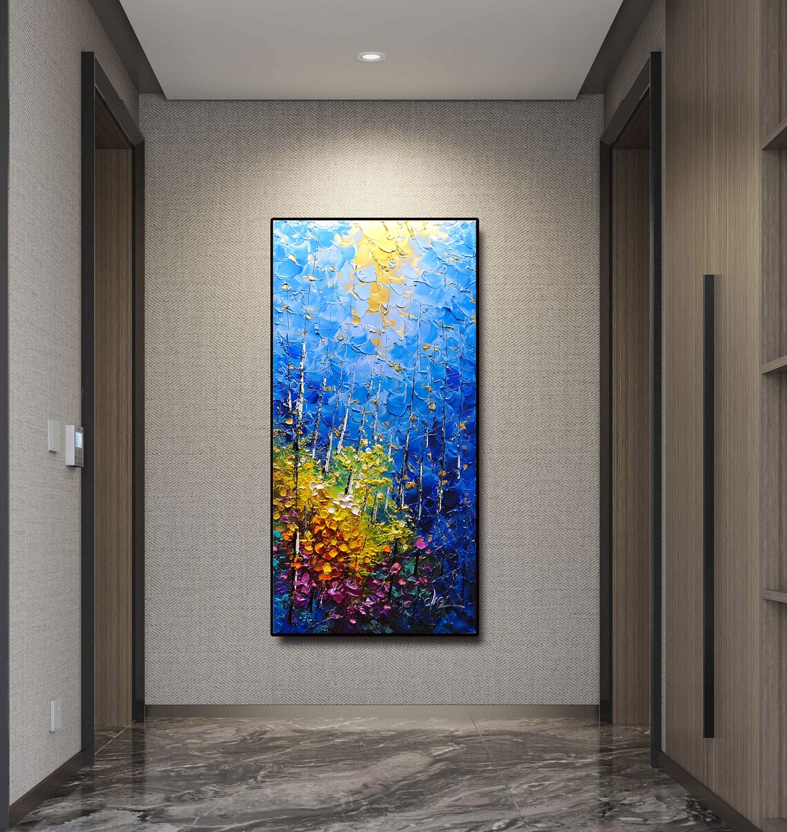Abstract Blue Forest Painting: Gold Accent Tree Canvas Art - Etsy