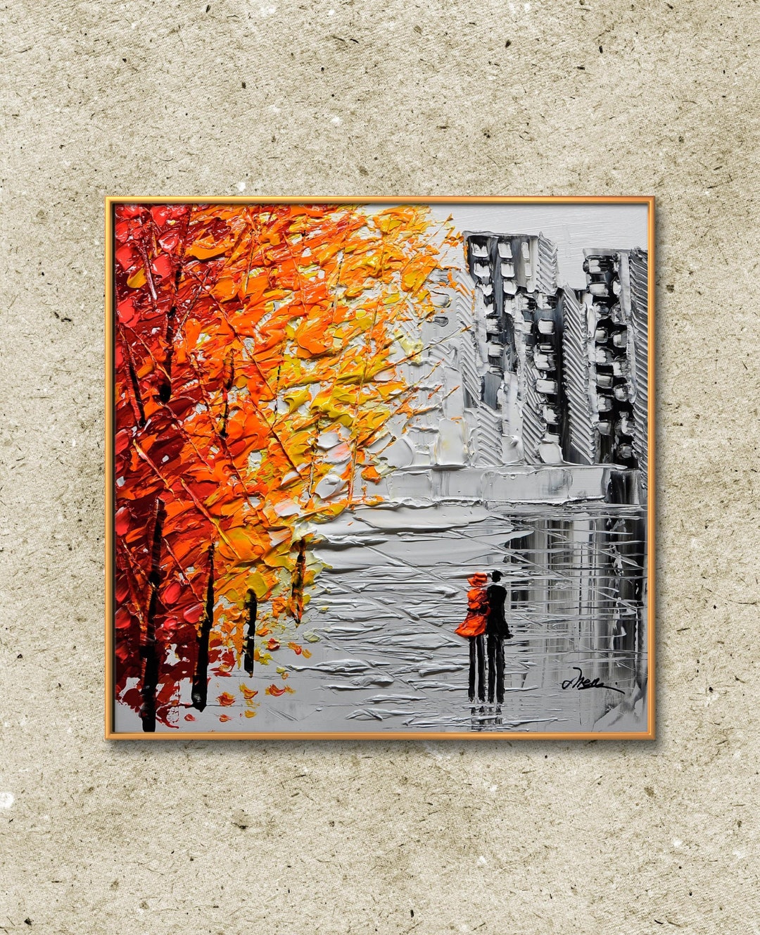 Textured Tree Painting Couple Street Art Living Room Wall Art Home ...