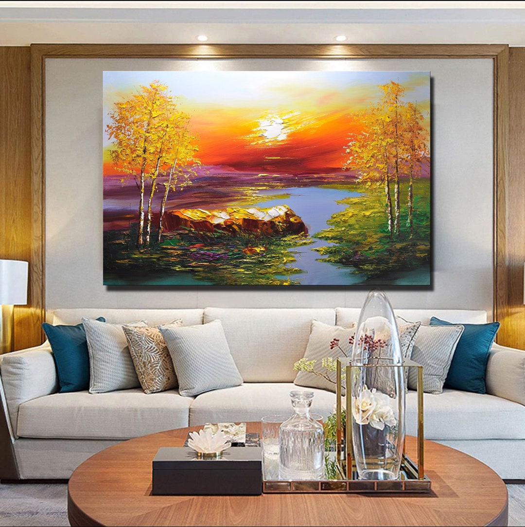 Abstract Autumn Birch Trees Lake Oil Painting Textured Sunrise ...
