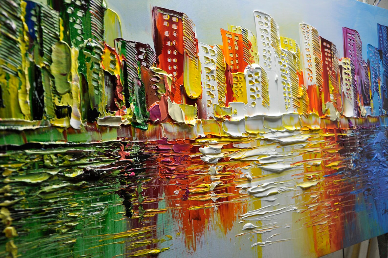 Large Abstract Cityscape Painting on Canvas Colorful Skyline - Etsy