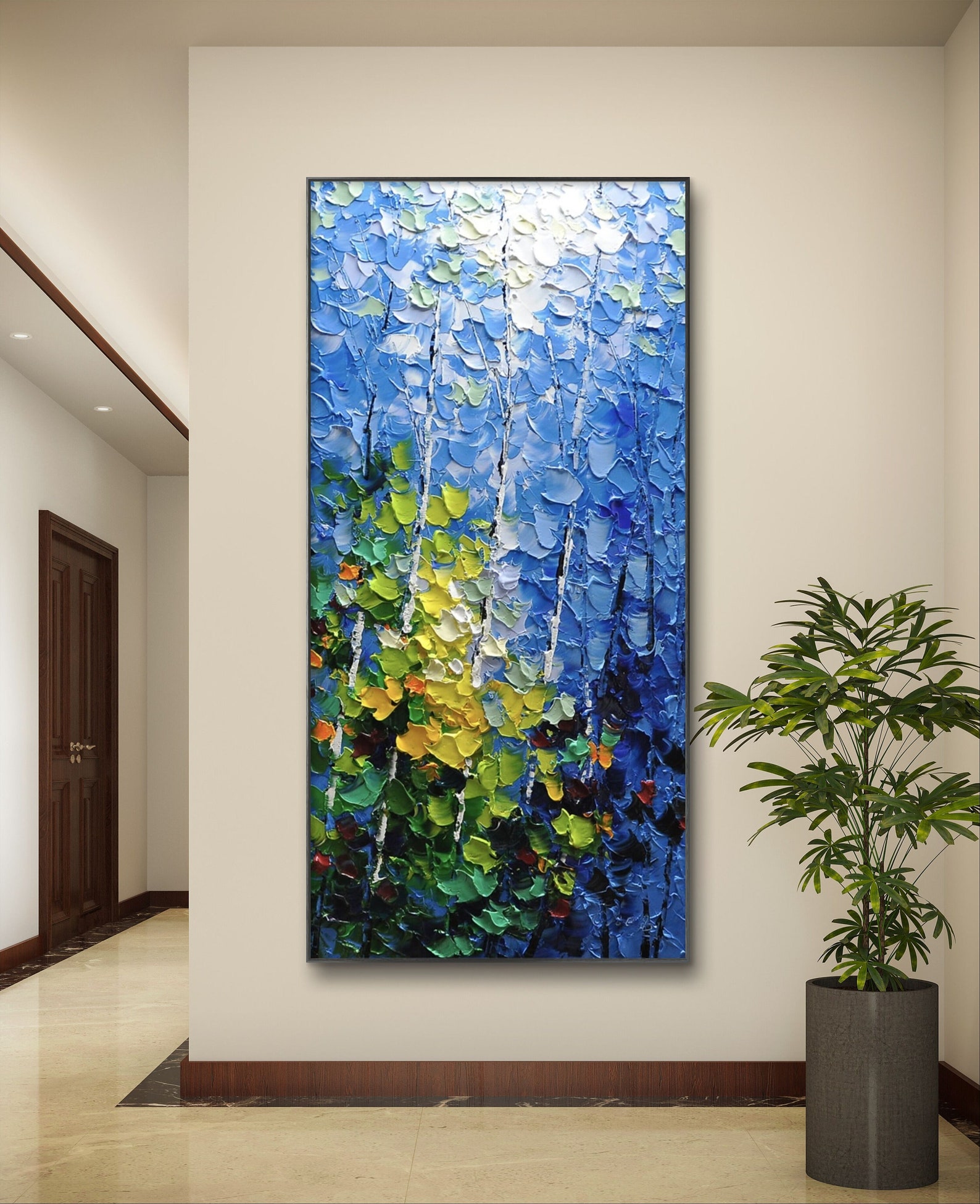 3D Blue Forest Painting Abstract Trees Palette Knife Canvas Art Tall ...