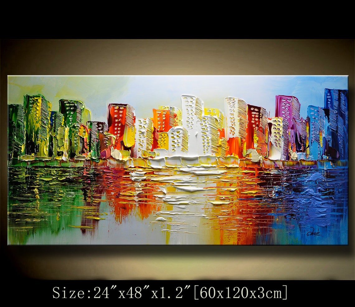 Large Abstract Cityscape Painting on Canvas Colorful Skyline - Etsy