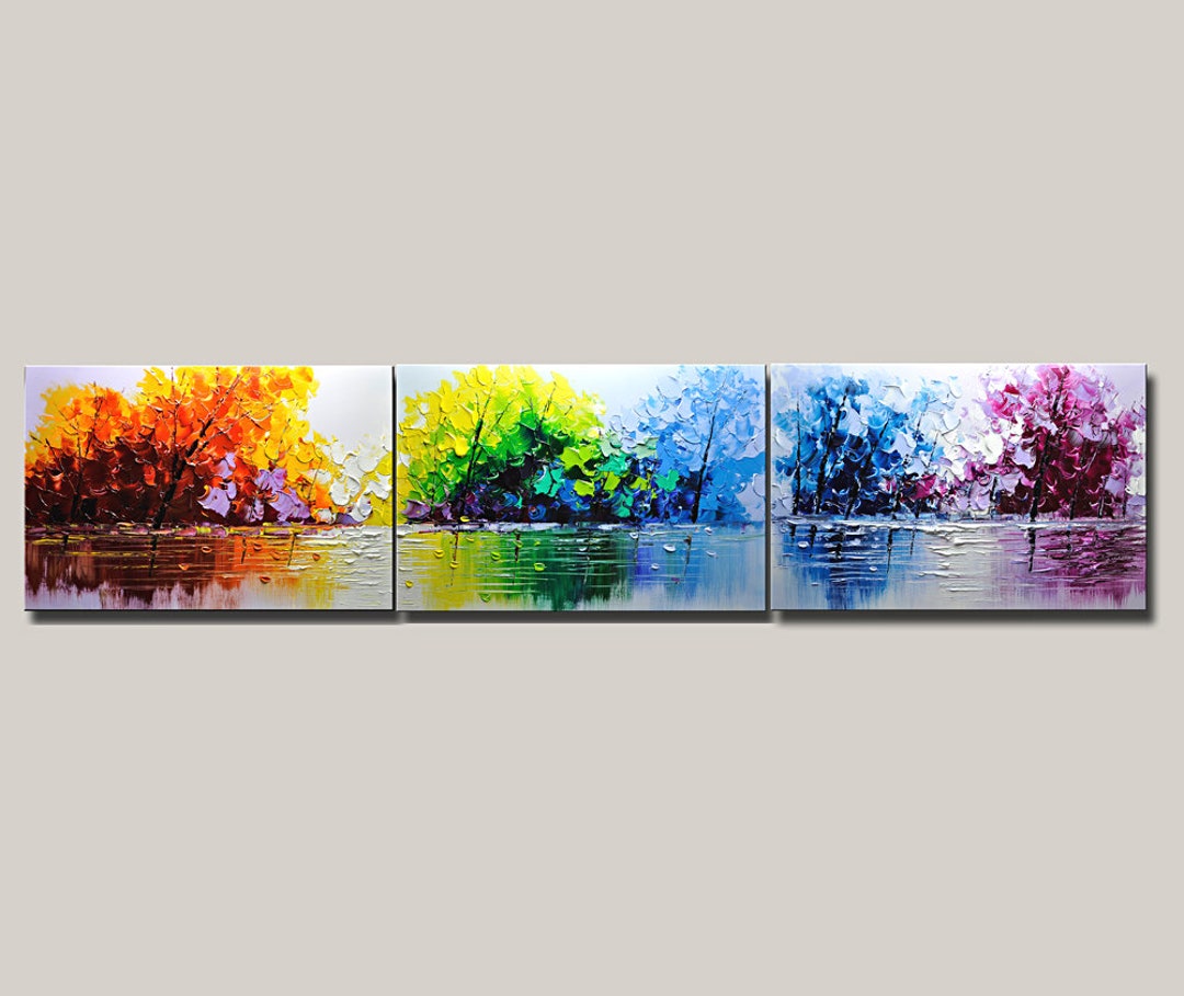 3 Panels Colorful Vivid Forest Art Long Canvas Wall Art Over the Bed ...