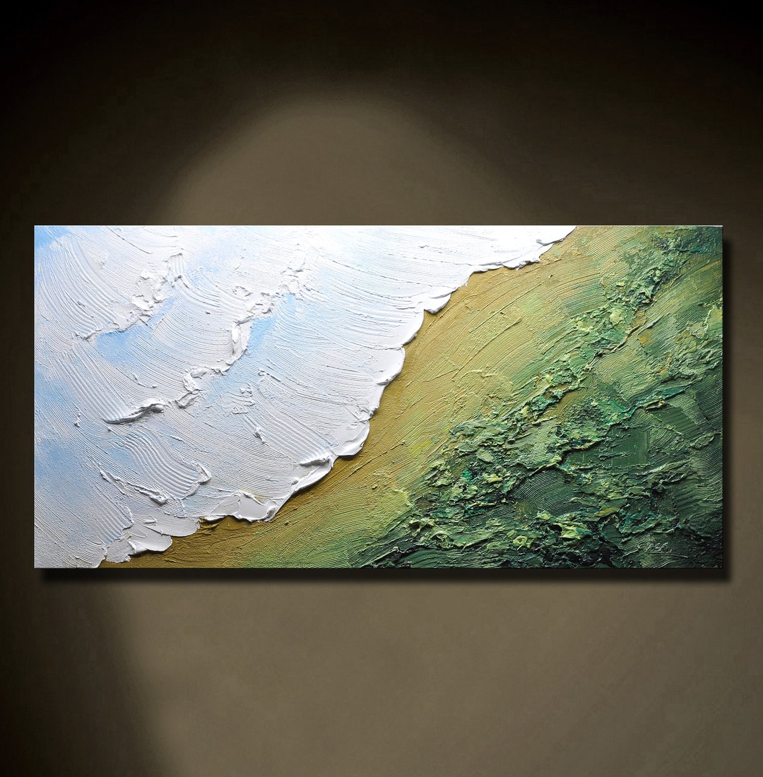 3D Textured Wall Art Green Ocean Painting on Canvas Minimalist Sea Wave ...