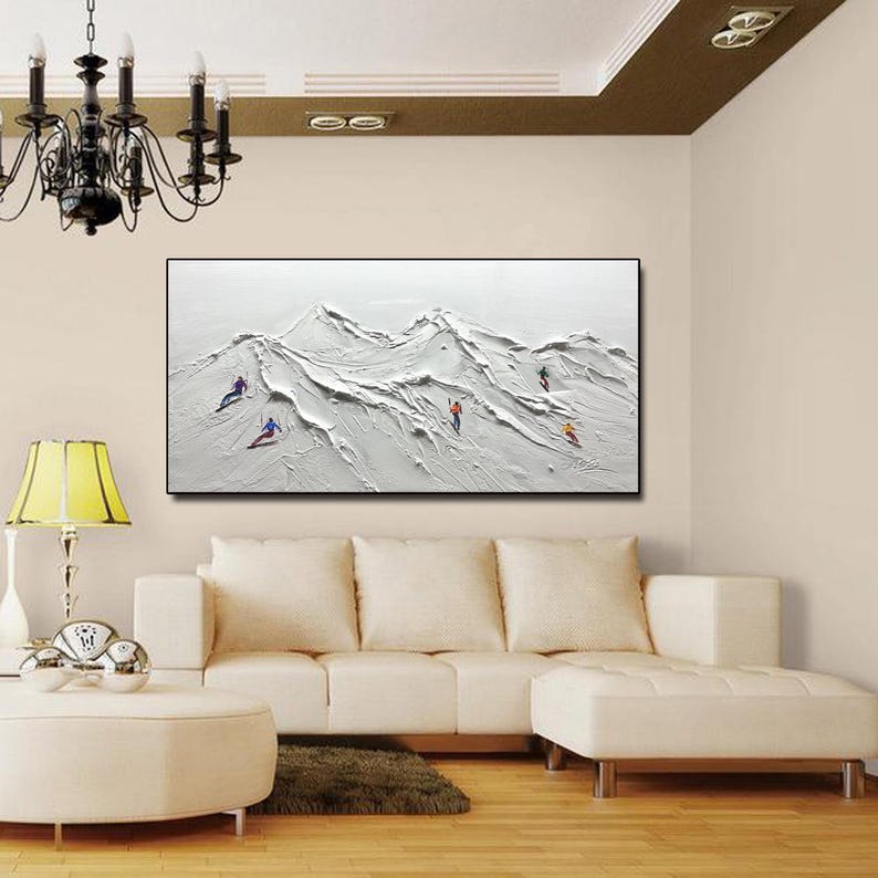 Original Skiing Painting 3D Plaster Texture Mountain Art Gift for ...