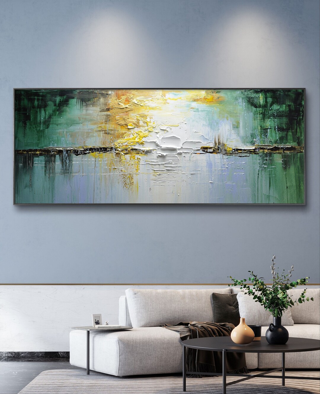 Minimalist Abstract Lake Oil Painting on Canvas,gold Art Green Texture ...