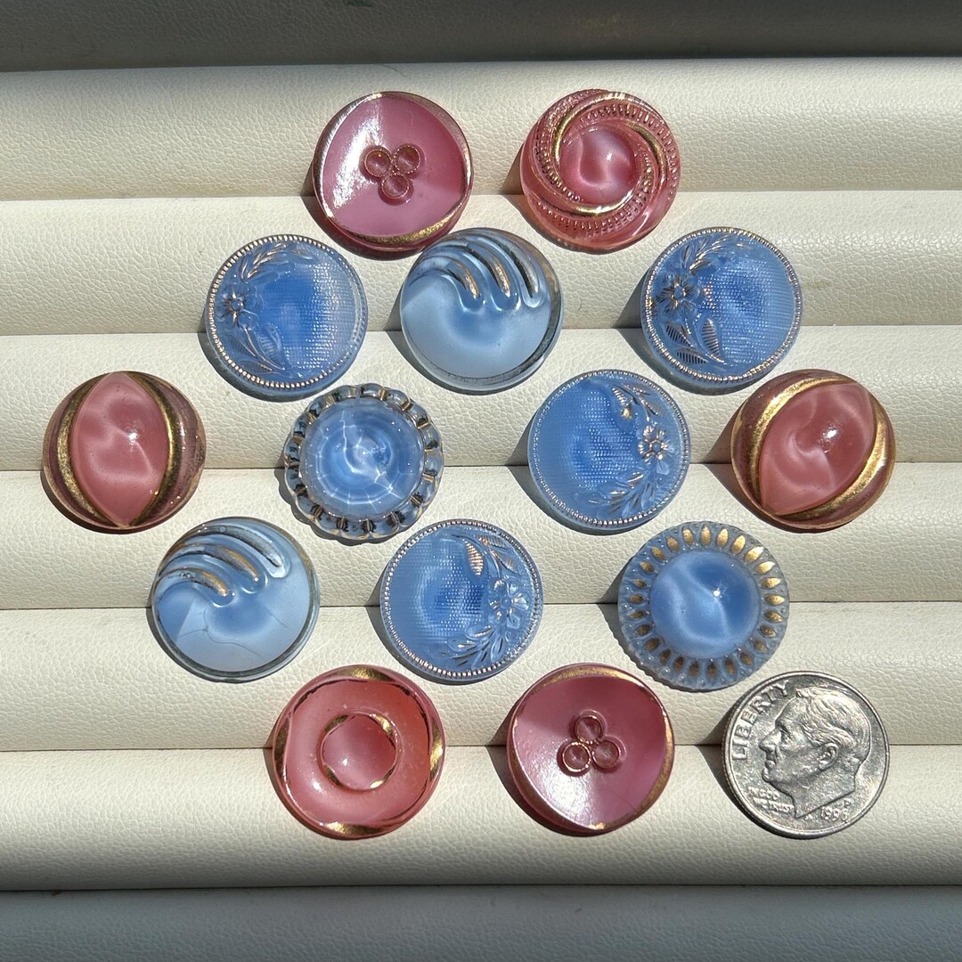 Lot of 14 Vintage Fancy Pink & Blue Glass Shank Buttons With Gold Trim ...