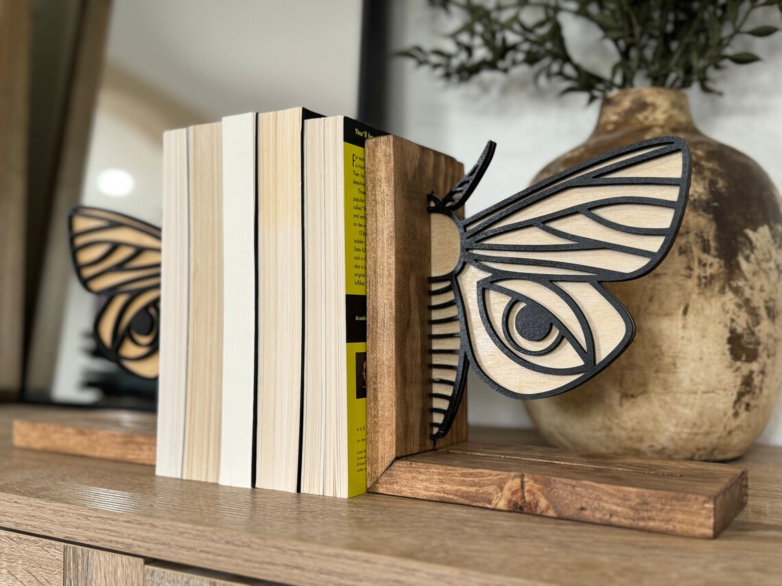Sleepy Eyed Moth Bookends, Moth Bookends, Book Stoppers, Wooden Book ...