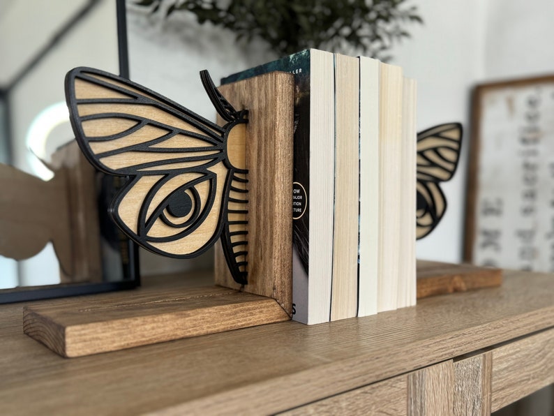 Sleepy Eyed Moth Bookends, Moth Bookends, Book Stoppers, Wooden Book ...