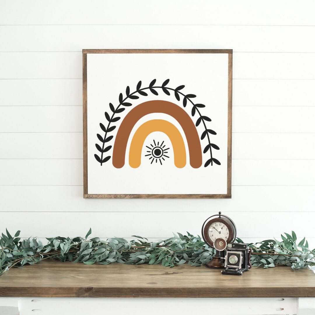 Boho Rainbow and Sun Sign, Wood Sign, Boho Wood Wall Art, Framed Wall ...