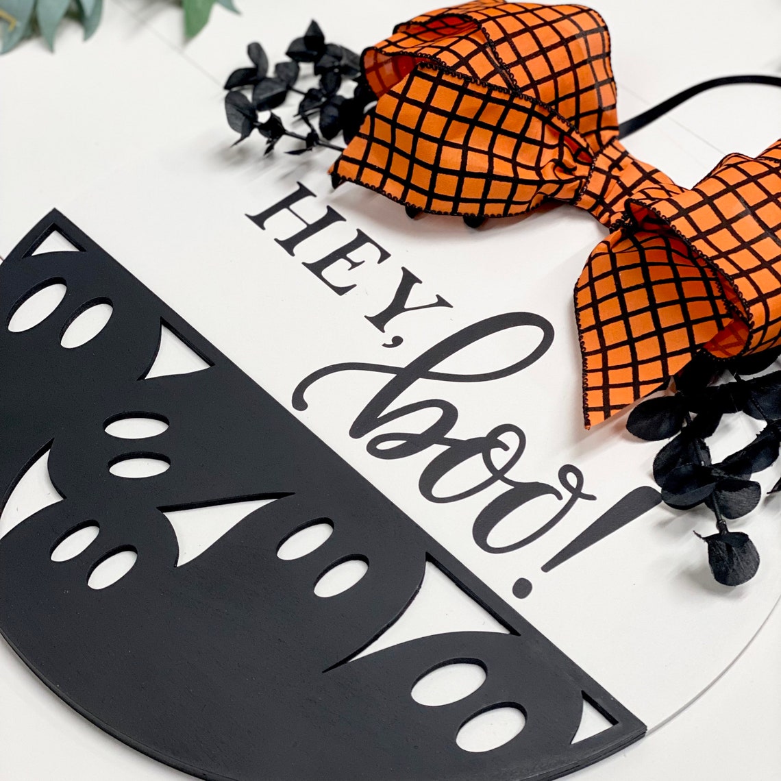 Hey Boo Halloween Door Sign Front Door Hanging Round Wood - Etsy