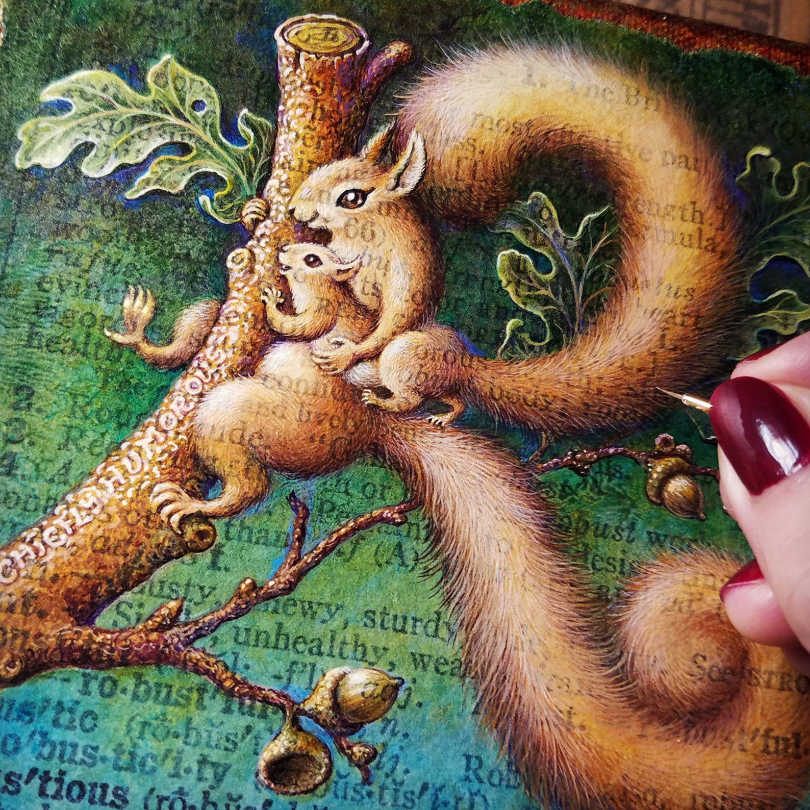 Woodland Animals Painting, Robustious: Parent & Baby Squirrel on Oak ...