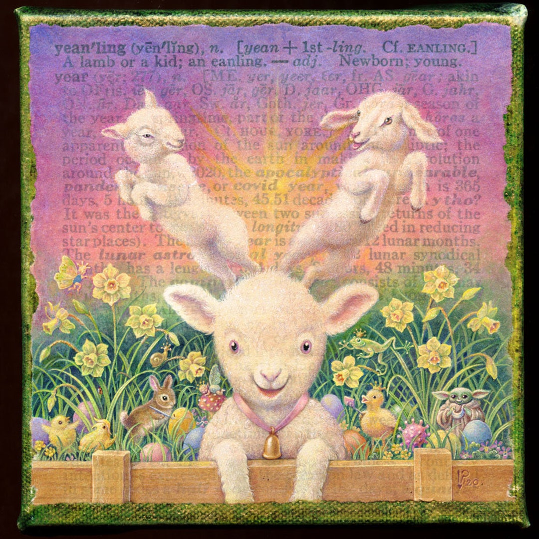 Lambs and Baby Goat Painting, Yeanling: Frisky Farm Animals Cavort Amid ...