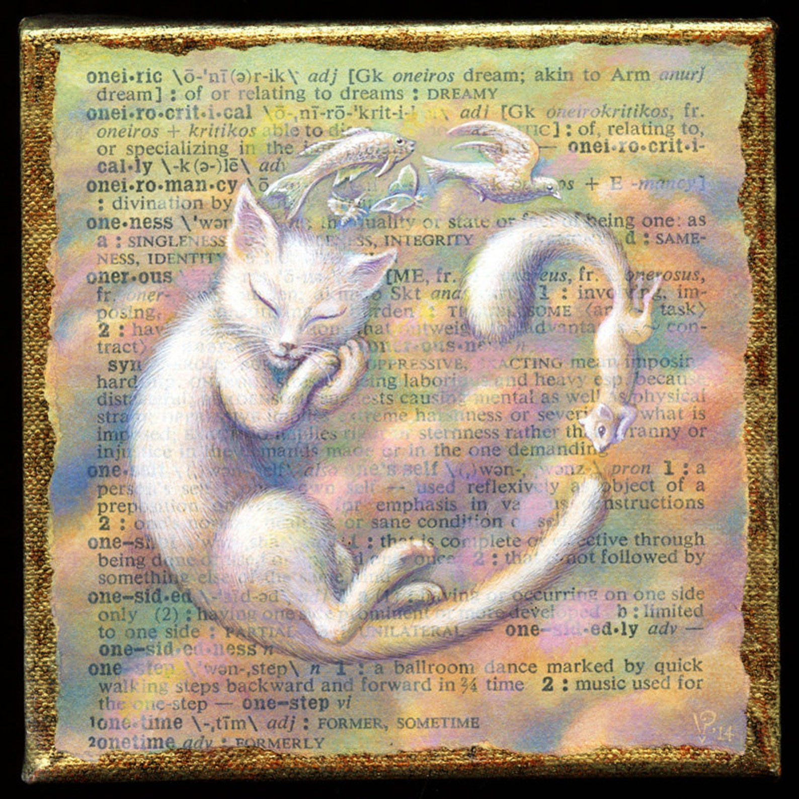 Dreamy Cat Art Print, Oneiric: Sleepy White Cat & Flying Animal Friends ...