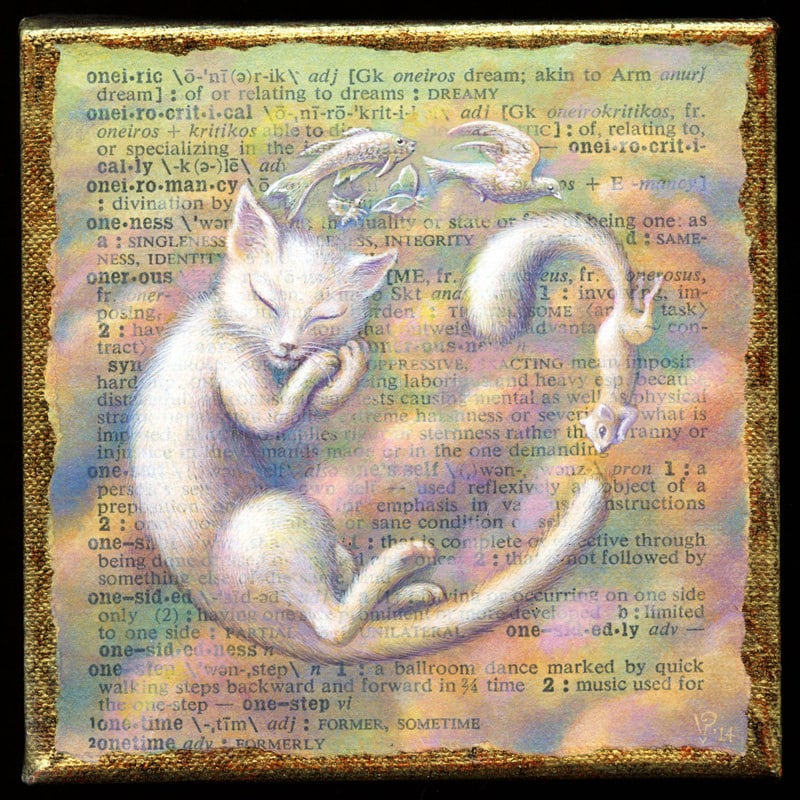 Dreamy Cat Art Print, Oneiric: Sleepy White Cat & Flying Animal Friends ...