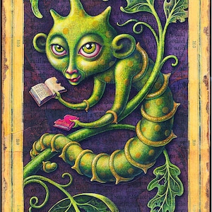 Bookworm Art Print 8x16, Voracious: Fantasy Book Worm, Back to School ...