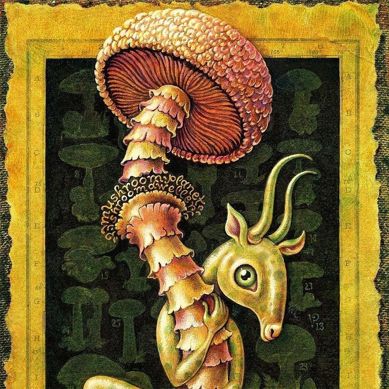 Shroomdweller-- Mushroom Art Print 10.5x5.5- Weird Creature Climbing ...