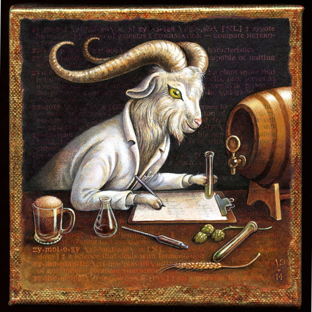 Craft Beer Art Print, Zymology: Goat Scientist Analyzing Home Brew ...