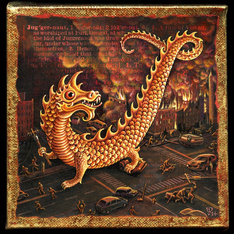 Monster Art Print, Juggernaut: Golden Dragon Attacking City. Alphabet ...