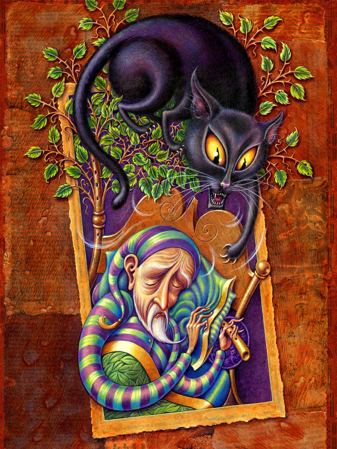 Spooky Black Cat Art Print 7.5x10, Nightmare: Creepy Cat, Sleeping Man ...