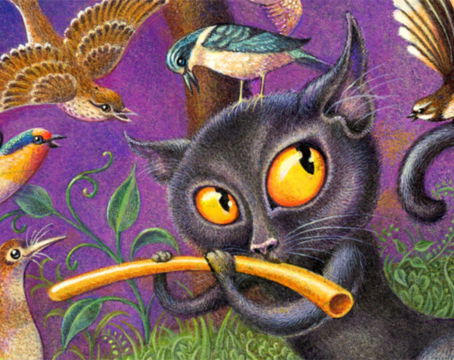 Fantasy Music Art Print ~7x9, the Cat Plays the Flute: Black Cat With ...