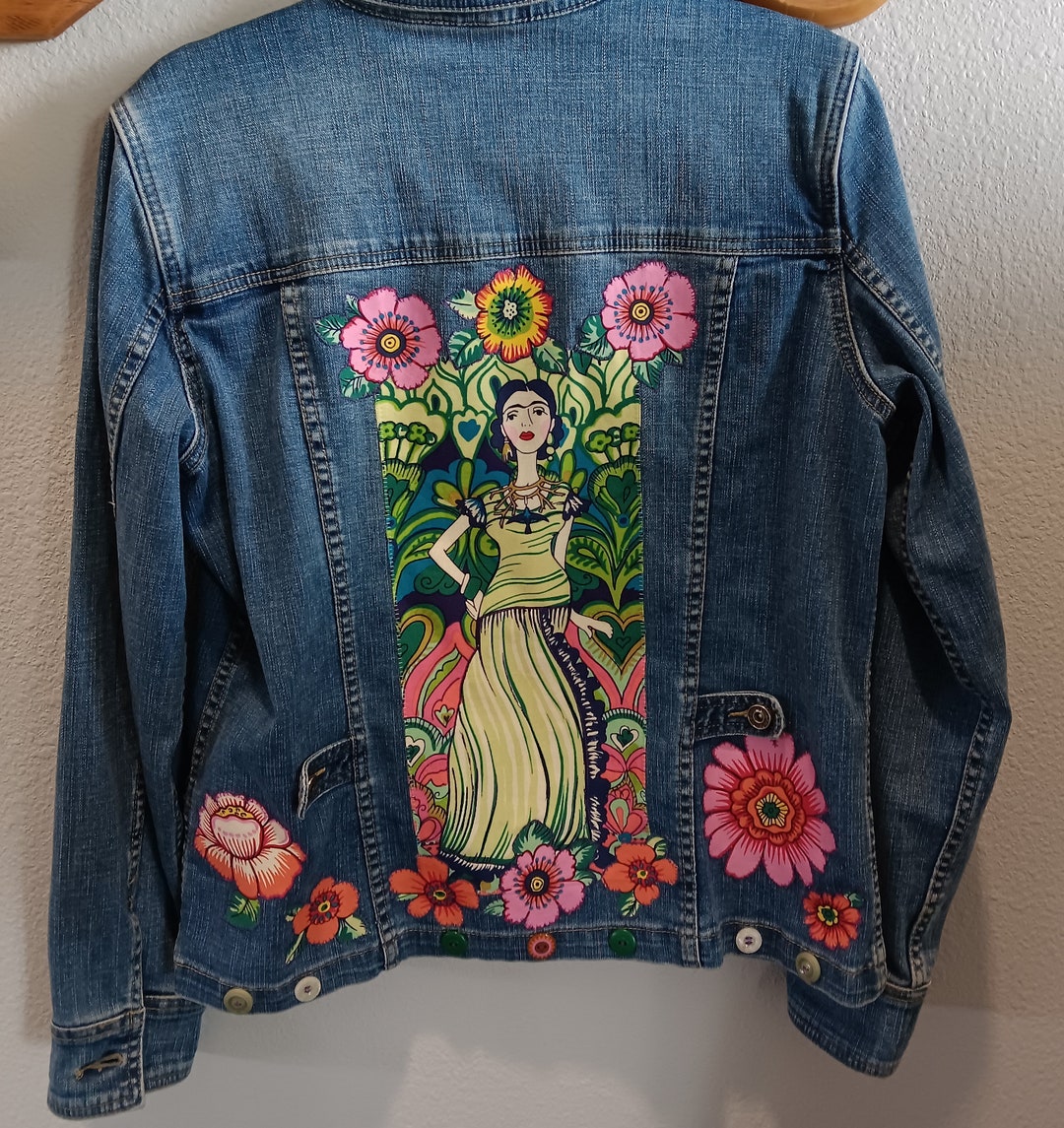 Women's Denim Jean Jacket Embellished Frida Kahlo Size Medium ...