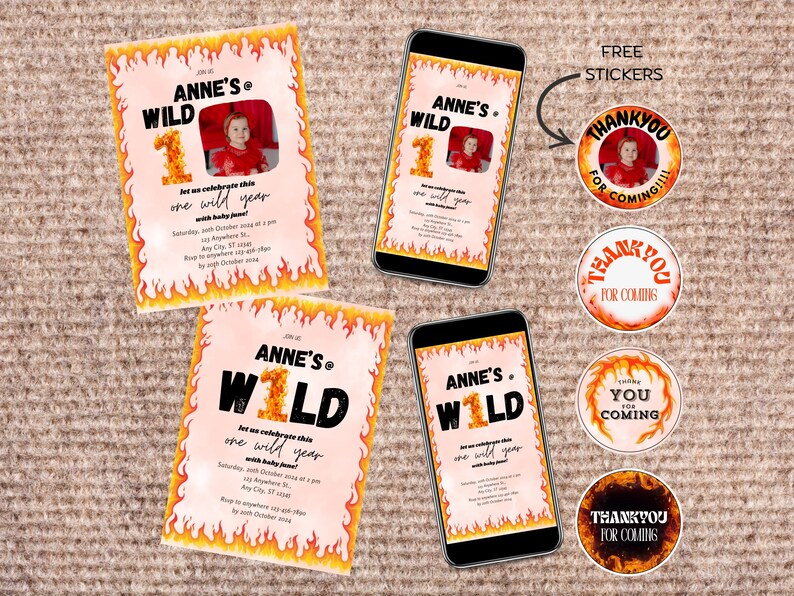 Wild One Fire Theme First Birthday Invitation (digital Download) - Etsy
