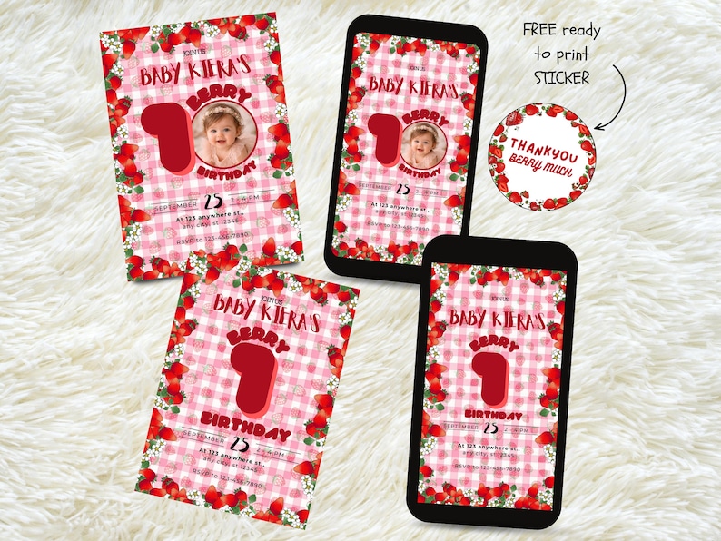 Strawberry First Birthday Invitation, Berry Party Invite, Editable ...
