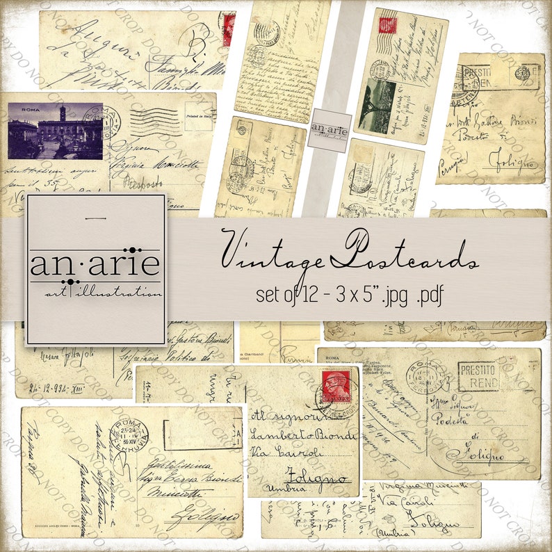 Handwritten Vintage Postcards Set of 12 Digital Antique Printable ...