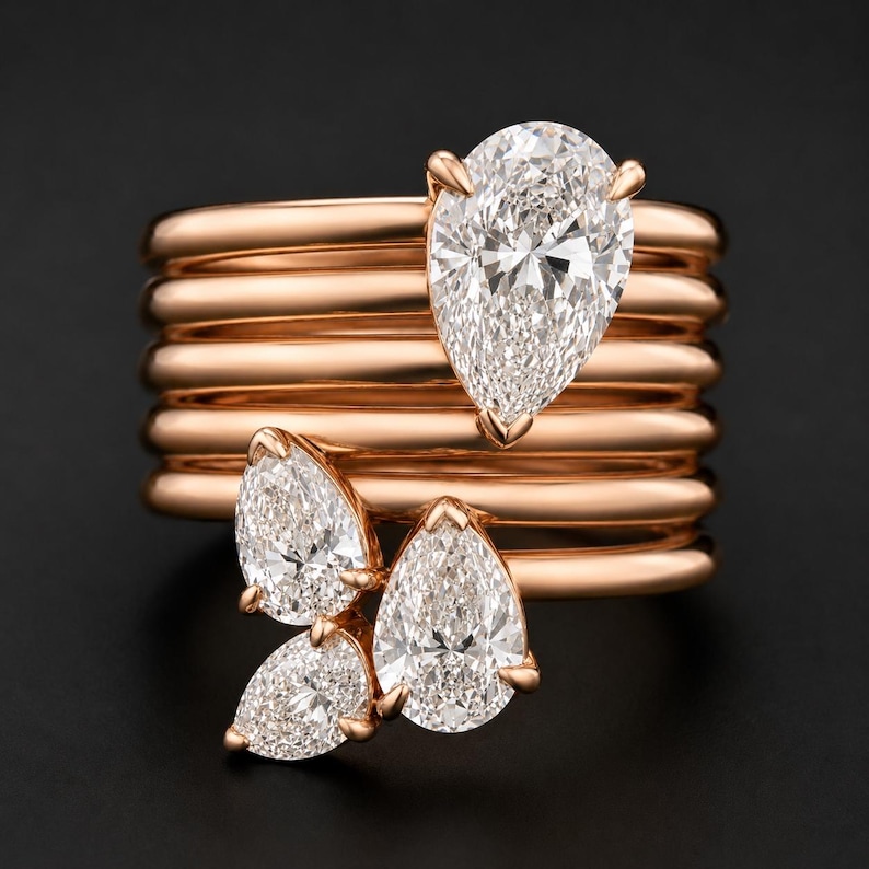 5 Carat Pear Cut Lab Grown Diamond Ring, 14k Gold Stacked Statement ...