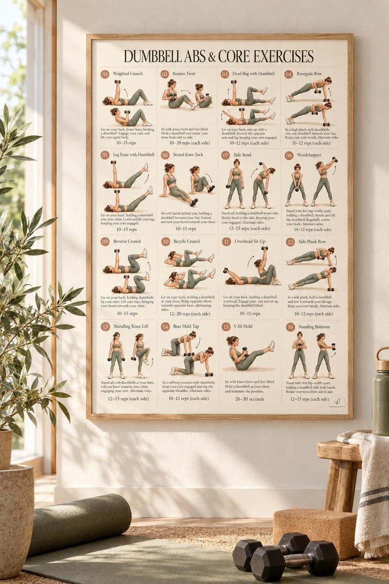 Dumbbell Abs Workout Printable, Core Exercise Poster, Ab Workout Chart ...