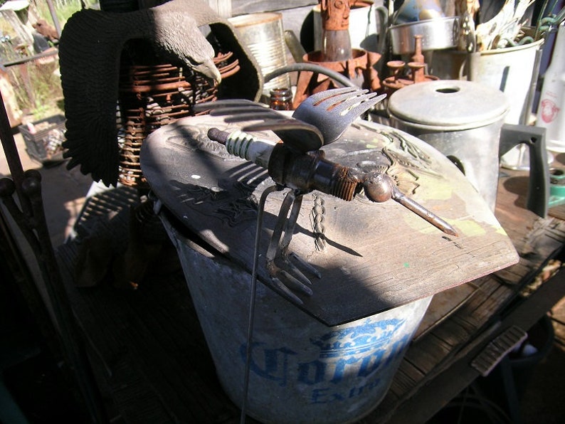 Metal Yard Art Humming Bird Recycled Spark Plug, Forks for Planter or ...