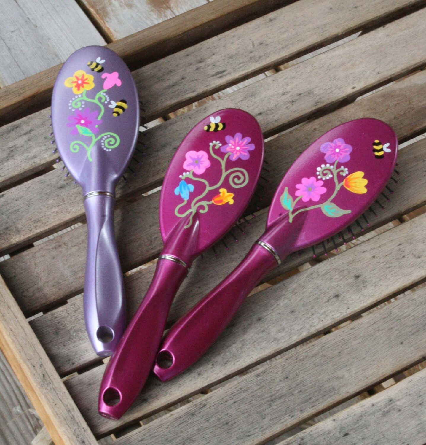 Hand Painted Pink Hair Brush - Floral With 2 Bees - Etsy