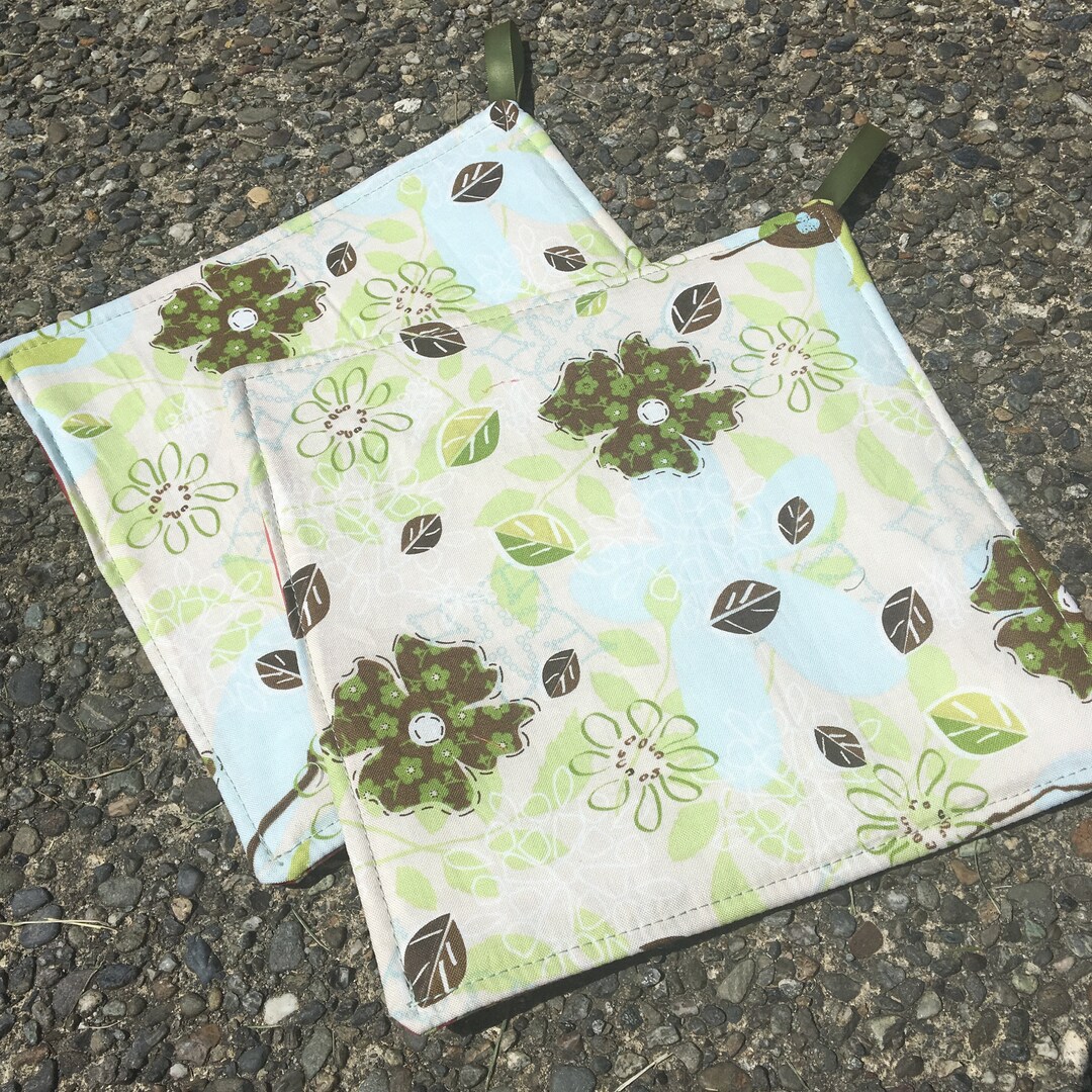 Green and Blue Flowers on Pastel Pot Holders - Set of Two (2), With ...