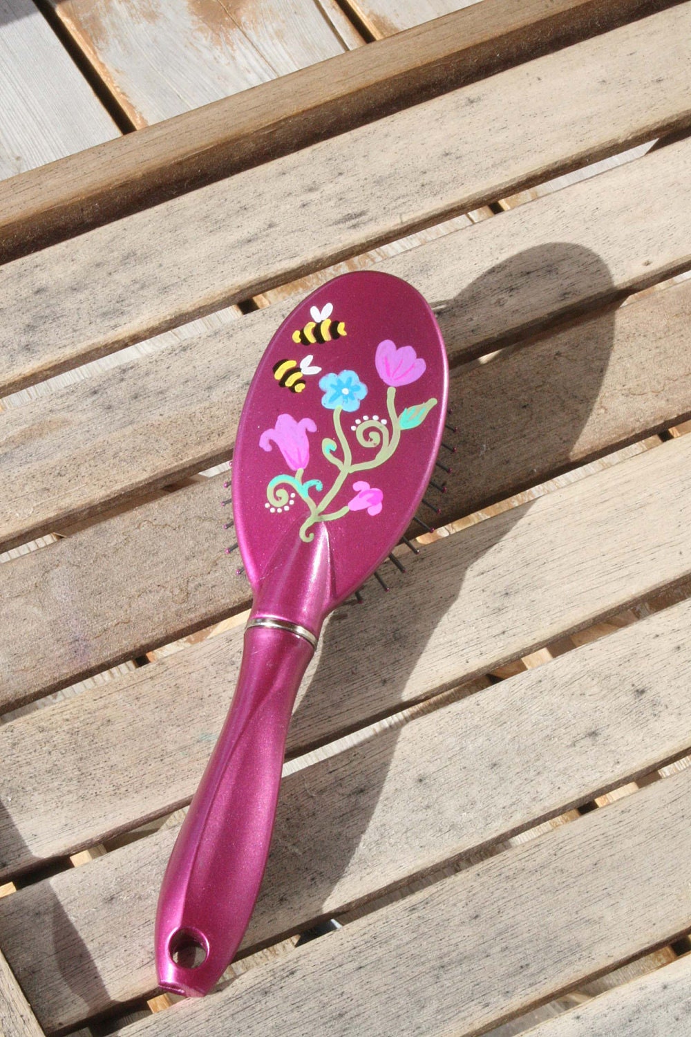 Hand Painted Pink Hair Brush - Floral With 2 Bees - Etsy