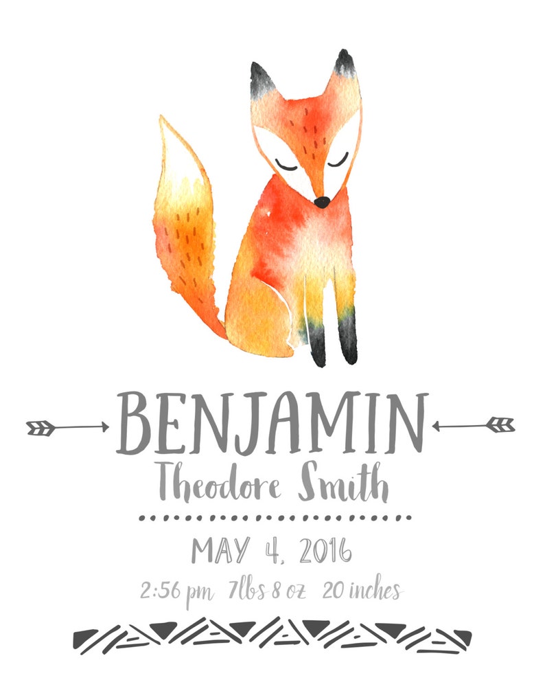 Birth Stats Fox Watercolor Nursery Art Baby - CUSTOM Nursery Wall Decor ...
