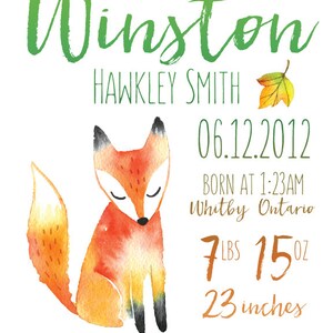 PRINTABLE Fox Watercolor Nursery Art Birth Stats - CUSTOM Decor 8x10 ...
