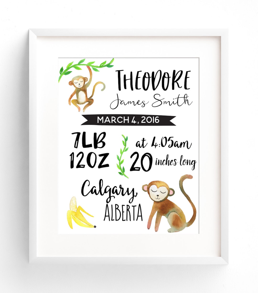 Monkey Birth Print Monkey Birth Stats Monkey Birth Announcement ...