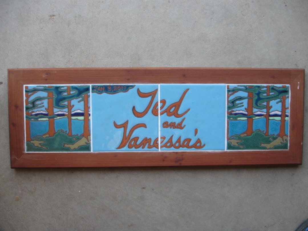 Address Number Tile Signs Ceramic Custom Hand Painted Framed in Redwood ...