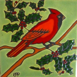 Hand Painted Ceramic Tile Red Cardinal Bird Original Art Backsplash ...