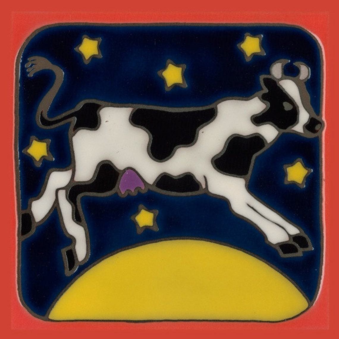 Hand Painted Ceramic Tile Cow Over the Moon Original Art Tile - Etsy