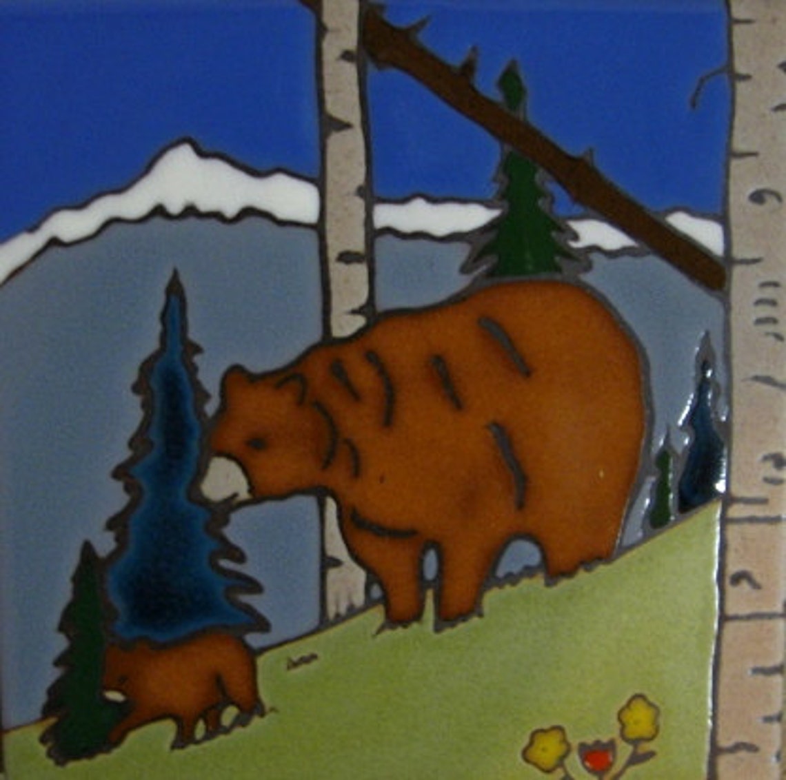 Ceramic Tile Black Bear and Cub Hand Painted Art Tile - Etsy