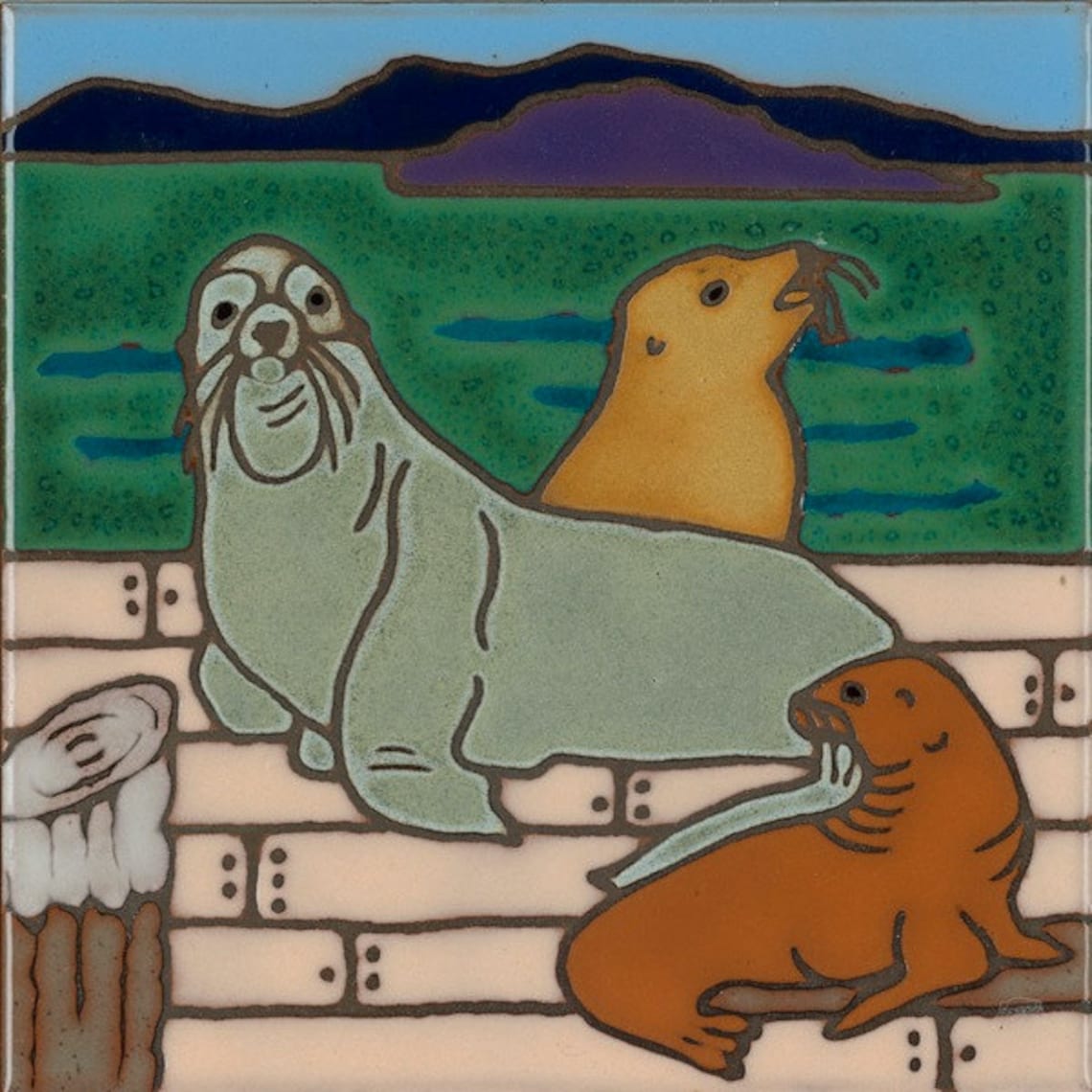 Glazed Ceramic Tile Sea Lions Hand Painted Original Art Tile - Etsy