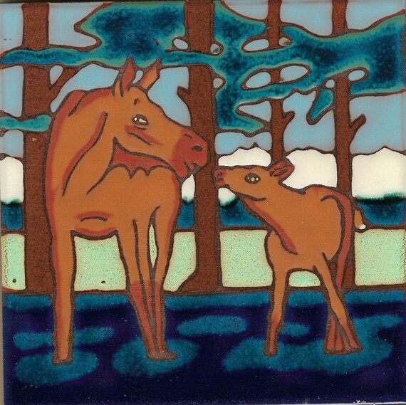 Hand Painted Ceramic Tile Mother Moose and Calf Original Art | Etsy
