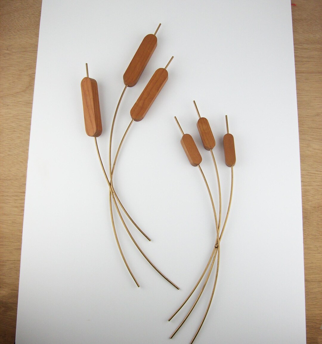 Retro Wood and Brass Metal Cattail Wall Plaques Pair, Mid Century ...