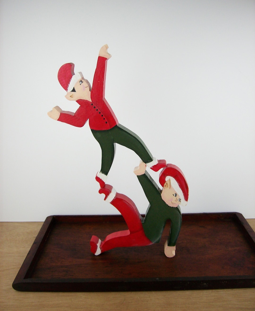 Vintage Wood Elf Acrobats Pair, 1970s Christmas Elves, Wooden Elf Shelf ...