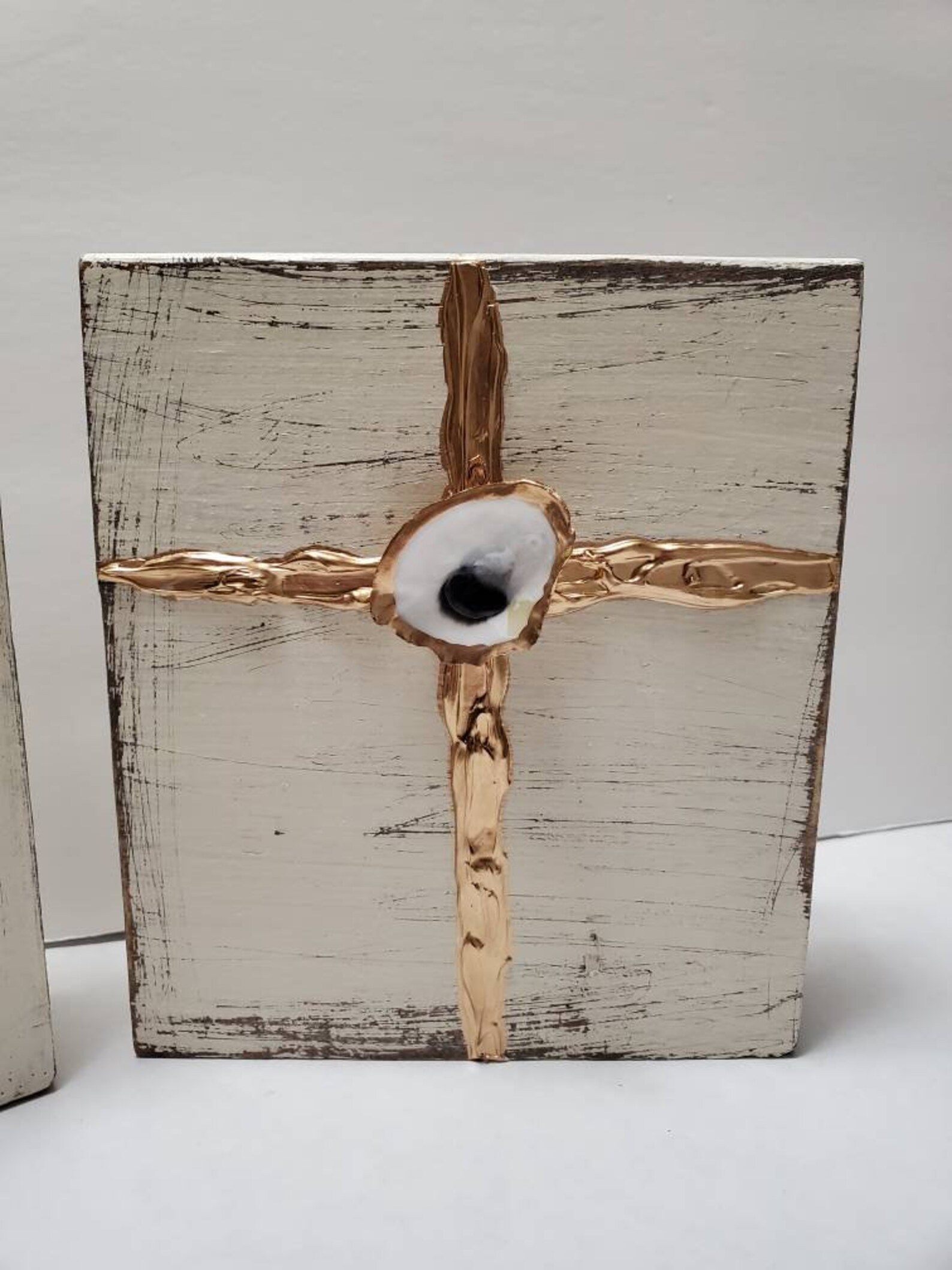 Hand Painted Wooden Block With Gold Cross and Oyster Shell - Etsy